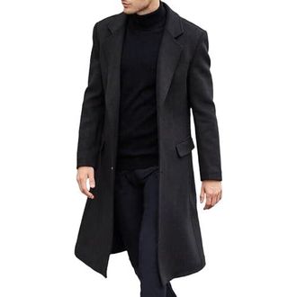 Generic Manteau long d&eacute;contract&eacute; &agrave; col crant&eacute; pour homme, coupe ajust&eacute;e, long manteau thermique &agrave; simple boutonnage, Noir, 3XL