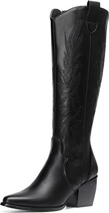 Dream Pairs Bottes Femme Elégantes avec Talon Haut Botte de Cow-Boy Western avec Eclair Latérale Cuissarde Confortable,Size 41.5,Noir/PU,SDKB224W