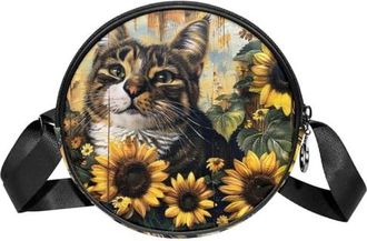 Generic Petit sac &agrave; bandouli&egrave;re rond pour femme, motif chat tournesol avec fermeture &eacute;clair, bretelles r&eacute;glables, sac &agrave; main rond d&eacute;contract&eacute; pour femmes et f