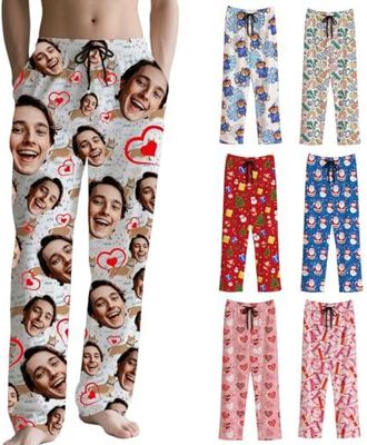 Generic Bas de Pyjama Femme Personnalisée Avec Photo de visage Pantalon Pyjama Homme Personnalisé Avec Image pour Couples Famille Amis Cadeau Personnalisable 