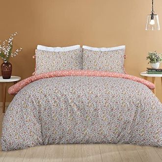 Sleepdown Ditsy Flowers Bettwäsche-Set mit Bändern, weich, pflegeleicht, 200 x 200 cm, Orange/Weiß
