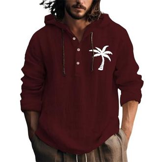 Generic Chemise en lin pour homme - En coton et lin - Boutonni&egrave;re - Manches longues - Avec capuche - Chemise d&eacute;contract&eacute;e confortable - Chemise d&eacute;t&eacute; l&eacute;g&egrave;re - 