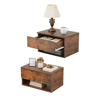 Eggree 2er Set Nachttisch h&auml;ngend,schwebendes Wandregal, Schublade, 40x30x22.5cm, modern, Wohnzimmer Schlafzimmer, Stabiler Holztisch mit Offener Ablage,Vint