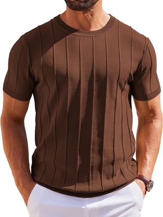 Coofandy Herren T-Shirt Kurzarm Strick Shirt mit Rundhals Shirt Casual Pullover Gestreiftes Strickshirt Sommer Oberteile Braun M