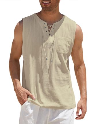 Coofandy Tank Top Herren Baumwolle Ärmelloses Shirt für Männer Sommer Beach Henley Casual Hippie Strand Hemd Oversize Khaki M