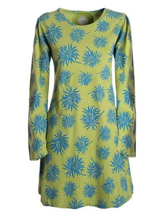 vishes Alternative Bekleidung - Langarm Damen Blumen-Tunika Shirt-Kleid Glocken&auml;rmel Baumwolle gr&uuml;n 36-38