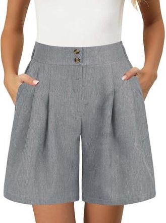 Generic Short décontracté en lin pour femme - Taille haute élastique - Jambe large - Plissé - Avec poches - Bermuda dété, gris, L