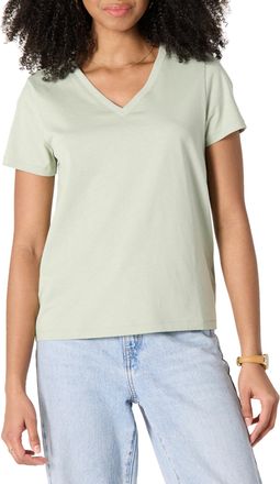 Amazon Essentials Damen Kurzarm-T-Shirt mit V-Ausschnitt, Regular Fit aus 100 % Baumwolle, Salbeigrün, XXS