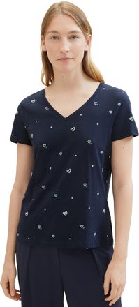 Tom Tailor Damen Basic T-Shirt mit Herz-Print, 35661 - Navy Heart Design, M