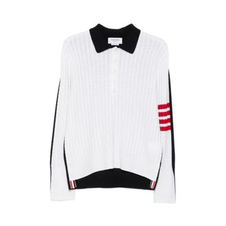 Thom Browne Homme, Tops, Blanc, Taille: M Polo en maille torsad&eacute;e 4-Bar