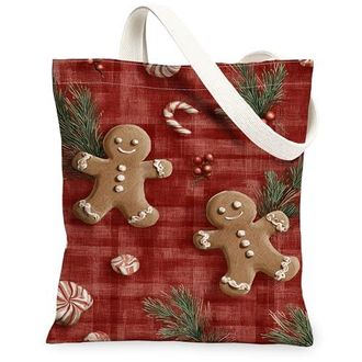 Generic Sacs fourre-tout en toile de pain d&eacute;pice de No&euml;l, motif biscuits de vacances, sacs r&eacute;utilisables, en lin rustique dhiver, bandouli&egrave;re lavable, Rouge, 