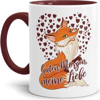 Tassendruck Liebes-Tasse mit Spruch Guten Morgen meine Liebe - Fuchs/Paar/Schatz/Verliebt/Geschenk-Idee/Innen & Henkel Weinrot