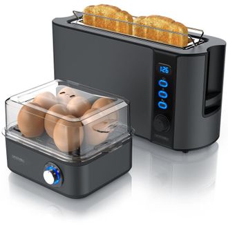 Arendo Fr&uuml;hst&uuml;cks-Set, Eierkocher eightcook, 2-Scheiben Langschlitz Toaster, Grau - Arendo
