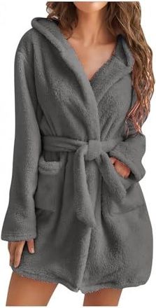 Generic Peignoir pelucheux mi-long pour femme - Joli peignoir kimono &agrave; capuche en peluche avec poches pour lautomne et lhiver (gris, L)