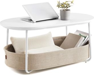 Generic Couchtisch rund, Tisch mit Stauraum, Beistelltisch, Wohnzimmertisch mit Korb aus Stoff, modern, Metallrahmen, mattwei&szlig;-Kamelbraun