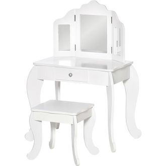 HOMCOM Coiffeuse enfant avec tabouret, miroir triptyque et tiroir coulissant - coiffeuse dim. 63L x 40l x 85,5H cm - mdf blanc acrylique