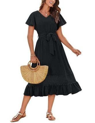 Grace Karin Robe d&eacute;t&eacute; &eacute;l&eacute;gante pour femme - Col en V - Volants - Manches courtes - Ligne A - Robe midi, Noir, XL
