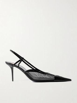 Saint Laurent Ren&eacute;e Embroidered Patent Leather-trimmed Mesh Slingback Pumps - Black