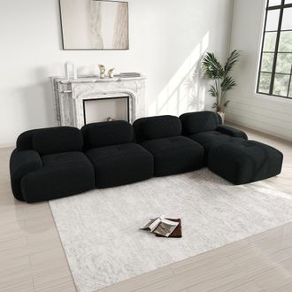 Generic L-f&ouml;rmiges modulares Cordsofa, modulares Ecksofa, Dreisitzer-Sofa, rahmenloses Sofa, ergonomisch, hochelastisch 32D gepolstert, for Wohnzimmer(Negro,4