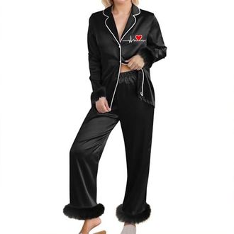 Generic 2026 Ensemble de pyjama tendance à manches longues et pantalon pour femme avec imprimé tendance et confortable, Noir, M