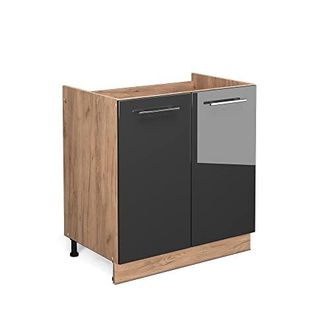 Vicco Meuble Bas sous-&eacute;vier Fame-Line, Anthracite Haute Brillance/Ch&ecirc;ne de Force dor&eacute;, 80 cm sans Plan de Travail