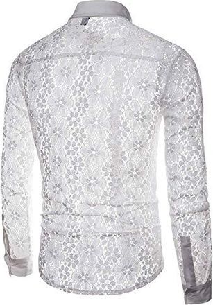 Generic Chemise en maille transparente pour homme - Chemises musculaires en r&eacute;sille - Chemise de mariage &agrave; manches longues - Coupe droite - T-shirt d&eacute;contract