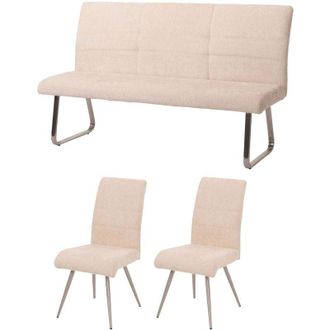 Hhg Esszimmer-Set 102, 2er-Set Stuhl + Sitzbank 160cm, Edelstahl geb&uuml;rstet Stoff/Textil Chenille creme