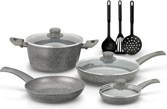 Zanetti DURAPIETRA Induktions-Kochgeschirrset 10-tlg., 3 Pfannen &Oslash; 20/24/28 cm, 3 Deckel, Kasserolle &Oslash; 24 cm, K&uuml;chenhelfer, f&uuml;r alle Herdarten inkl. Induktion