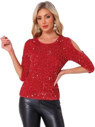 Allegra K Hauts &agrave; Paillettes Femme Blouse en Velours Scintillantes &agrave; Manches Mi-Longues D&eacute;coup&eacute; Col Rond Chemisier de Soir&eacute;e Rouge XS