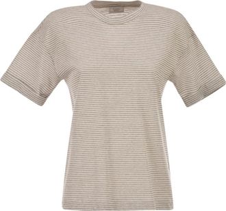 PESERICO Femme, Tops, Multicolore, Taille: 42 FR T-shirt Ray&eacute; en Lin et Coton avec Fils Lumineux