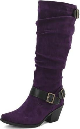 Generic Bottes dhiver larges pour femme avec boucle de ceinture, bout carré, talon épais, chaussures de moto, violet, 37.5 EU