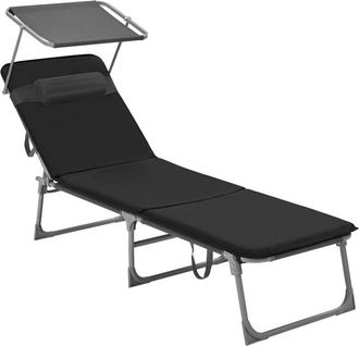 Songmics Chaise Longue, Bain de Soleil, Transat de Relaxation, avec Matelas 3 cm, Coussin, Dossier et Parasol Inclinables, Ppliable, 53 x 193 x 29,5 cm