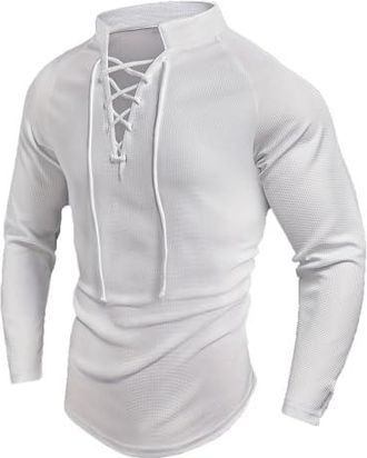 Generic Sweat-shirt gaufr&eacute; &agrave; manches longues pour homme - D&eacute;contract&eacute; - Demi-cardigan avec dentelle - Chemise surdimensionn&eacute;e confortable - V&ecirc;tement de travai