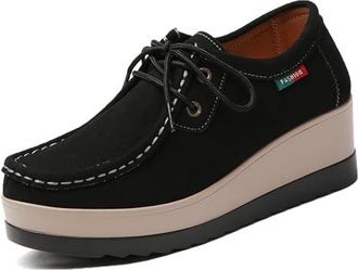 Generic Mocassins &agrave; plateforme en daim pour femme avec soutien de la vo&ucirc;te plantaire et lacets pour la marche, Noir, 39.5 EU