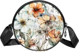 Generic Petit sac &agrave; bandouli&egrave;re circulaire pour femme, motif feuilles florales, sac &agrave; dos avec fermeture &eacute;clair, bretelles r&eacute;glables, sac &agrave; main rond d&eacute;contra
