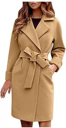 Onsoyours Double Boutonnage Col Montant Manteau en Laine avec Ceinture à Manches Longues Manteau Rétro Hiver Manteaux C Kaki S