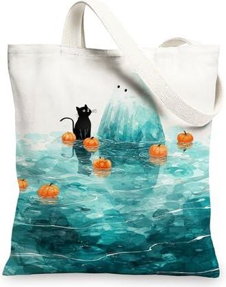 Generic Sac fourre-tout en toile motif chat citrouille, sac réutilisable respectueux de lenvironnement, moderne, léger, lavable avec bandoulière, blanc, 13x15