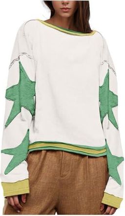 Generic Sweat &agrave; capuche athl&eacute;tique &agrave; col rond pour femme &agrave; manches longues Y2K coupe ample style sportif &eacute;paules tombantes graphique r&eacute;tro confortable pull mi