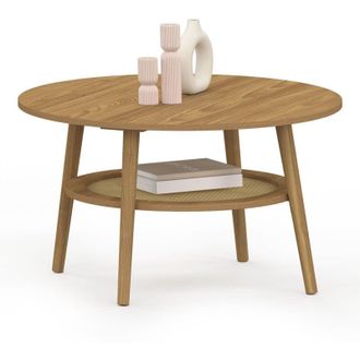 IDMarket Couchtisch 70 cm HANAE rund Holz in Buchenoptik und Tischplatte mit natürlichem Effekt Rohrgeflecht