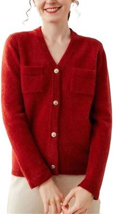 Generic Cardigan ouvert en cachemire doux pour femme - Col en V - Tricot - Printemps - Manches longues - Col en V - Boutonn&eacute;, Rouge Moro, XS