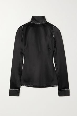 Dries Van Noten Blouse À Col Montant En Satin De Soie Duchesse À Cristaux Et À Liens - Noir