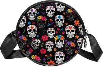 Generic Sac &agrave; bandouli&egrave;re rond pour femme, motif t&ecirc;te de mort en sucre floral, petit sac &agrave; dos &agrave; bandouli&egrave;re avec fermeture &eacute;clair, bretelles r&eacute;glables, sac &agrave;