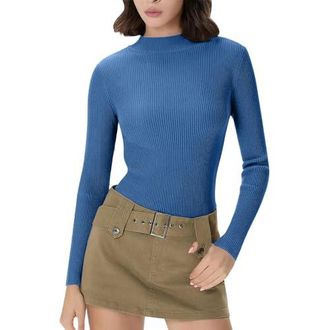 Generic Haut &agrave; col roul&eacute; c&ocirc;tel&eacute; uni &agrave; manches longues pour femme, pull en tricot chaud et ajust&eacute; pour le quotidien, le bureau et par temps froid, bleu, XXL