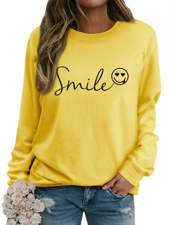 Dresswel Damen Sweatshirt Smile Brief Drucken Pullover Lustiges Lächelndes Rundhals Langarmshirt Baumwolle Pulli Herbst Winter Casual Oberteile Langarm Tops(Ge