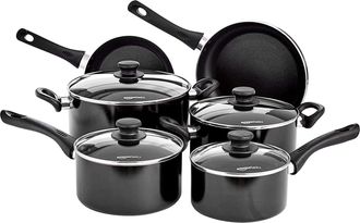 Amazon Basics Kochgeschirr-Set mit Antihaftbeschichtung - induktionsgeeignet, mit Deckeln, 6er-Pack, Schwarz