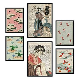 Nacnic Ensemble de 6 affiches du Japon. Collection de plaques avec collage esth&eacute;tique pour la d&eacute;coration dint&eacute;rieur. Tailles A3 et A4. Avec cadre noir