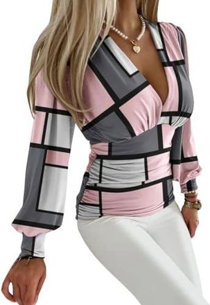 TOMWELL Femme Chemisier Tops Col en V Couleur Unie Chemisier Bouton Décontracté à Manches Longues pour Femmes Lâche Blouse Chemise Elegant Shirt Hauts Tops Au