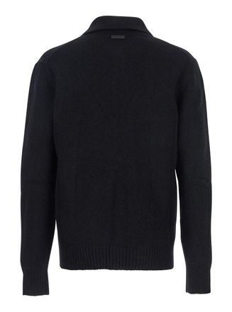 Dolce & Gabbana Mens Black Wool Polo Collar Sweater With Logo Patch Polyamide Top