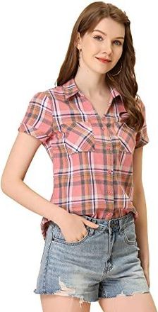 Allegra K Chemise boutonnée à Carreaux décontractée pour Femme Ligne Jaune L