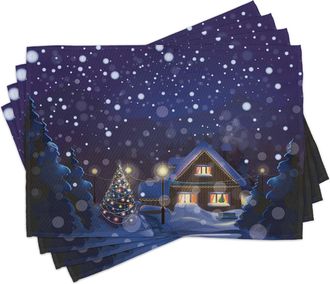 Abakuhaus Weihnachten Platzmatten, Winter-Nacht Haus, Waschbare Stoff Esszimmer Küche Tischdekorations Digitaldruck, Marineblau Gelb